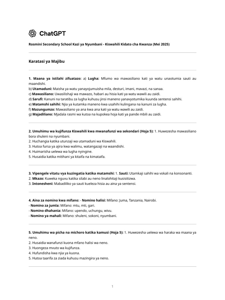 Kiswahili Form1 Answers | PDF