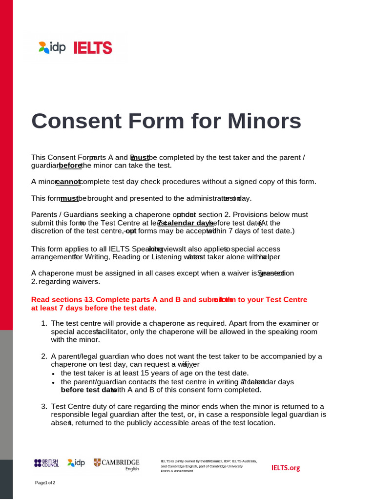 Consent Form for Minors Taking IELTS | PDF | International English ...