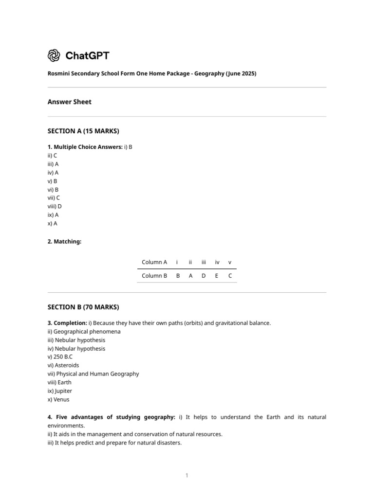 Geography Form1 Answers | PDF | Earth | Moon