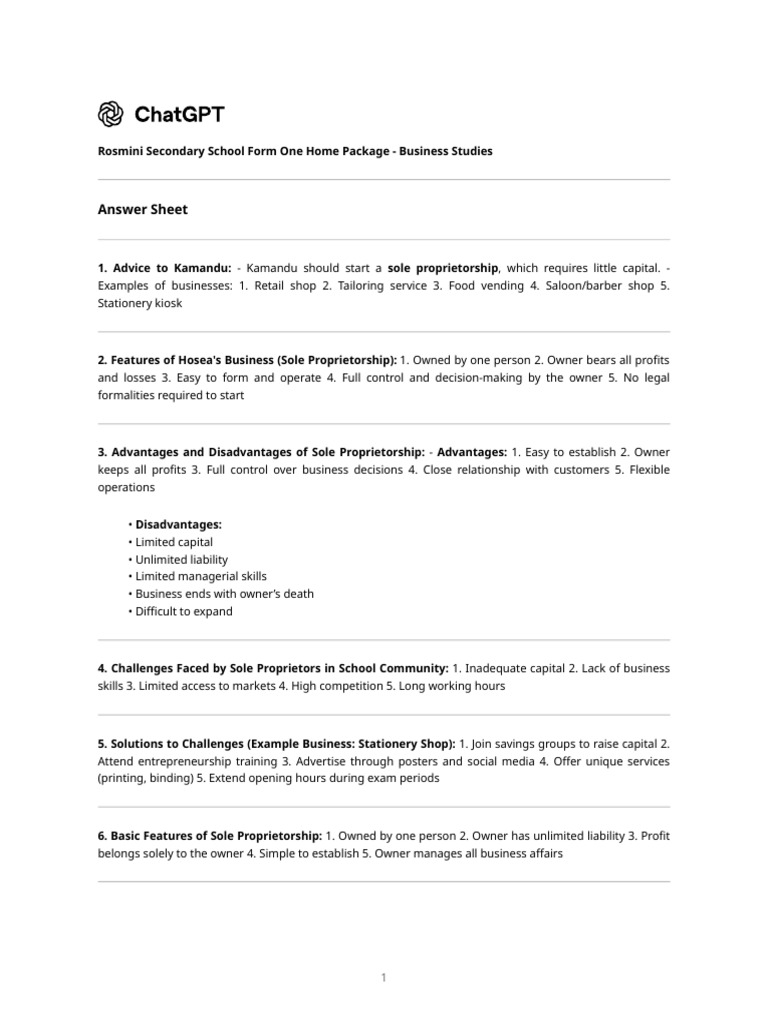 Business Studies Form1 Answers | PDF | Sole Proprietorship ...