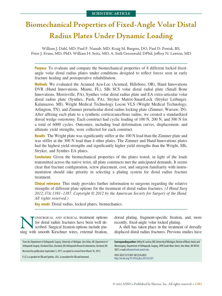 Art2012 - William J. Dahl - Biomechanical Properties of Fixed-Angle Volar Distal | PDF ...