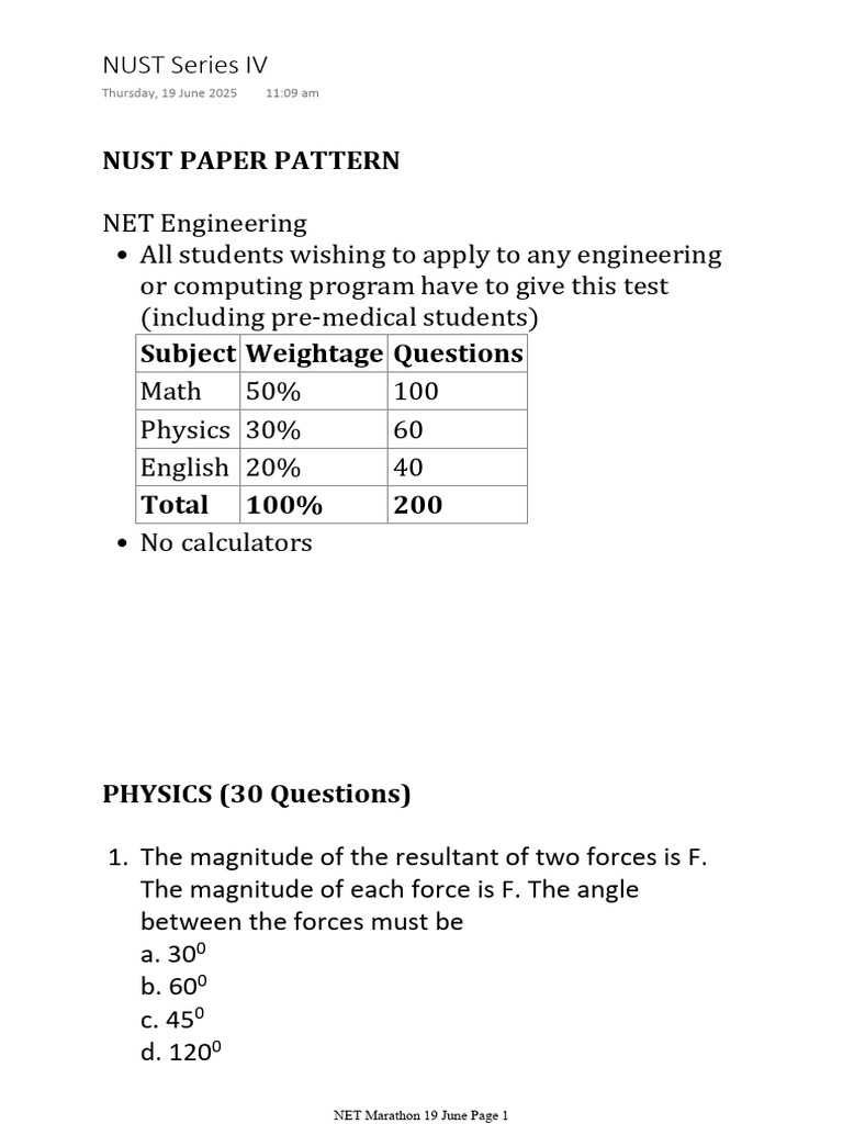 NUST NET Engineering Exam Pattern | PDF | Force | Ellipse