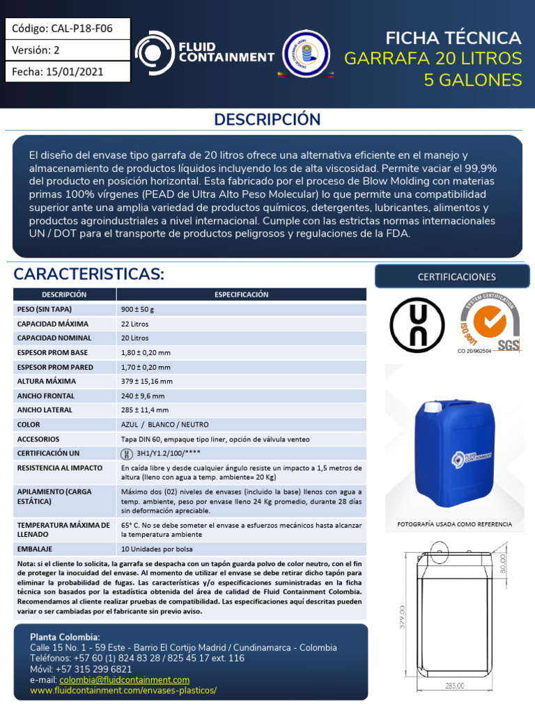 Ficha Tecnica Garrafa 20l Modelo 900 g Fluid Containment | PDF
