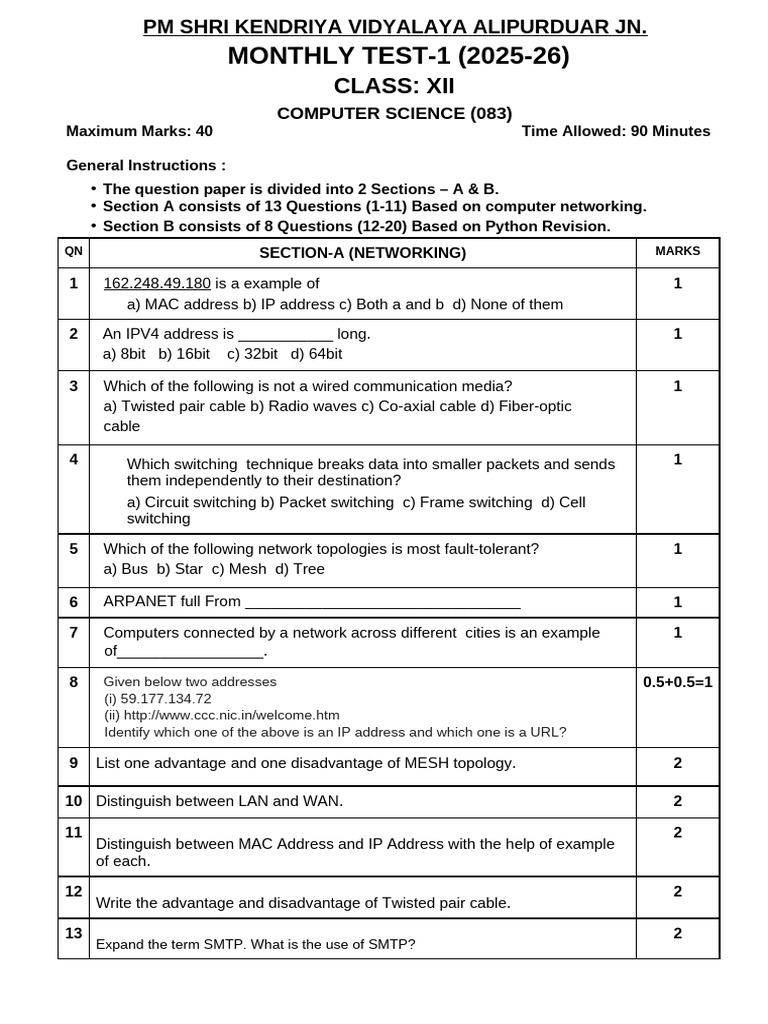 Class XII Computer Science Monthly Test | PDF | Computer Network ...