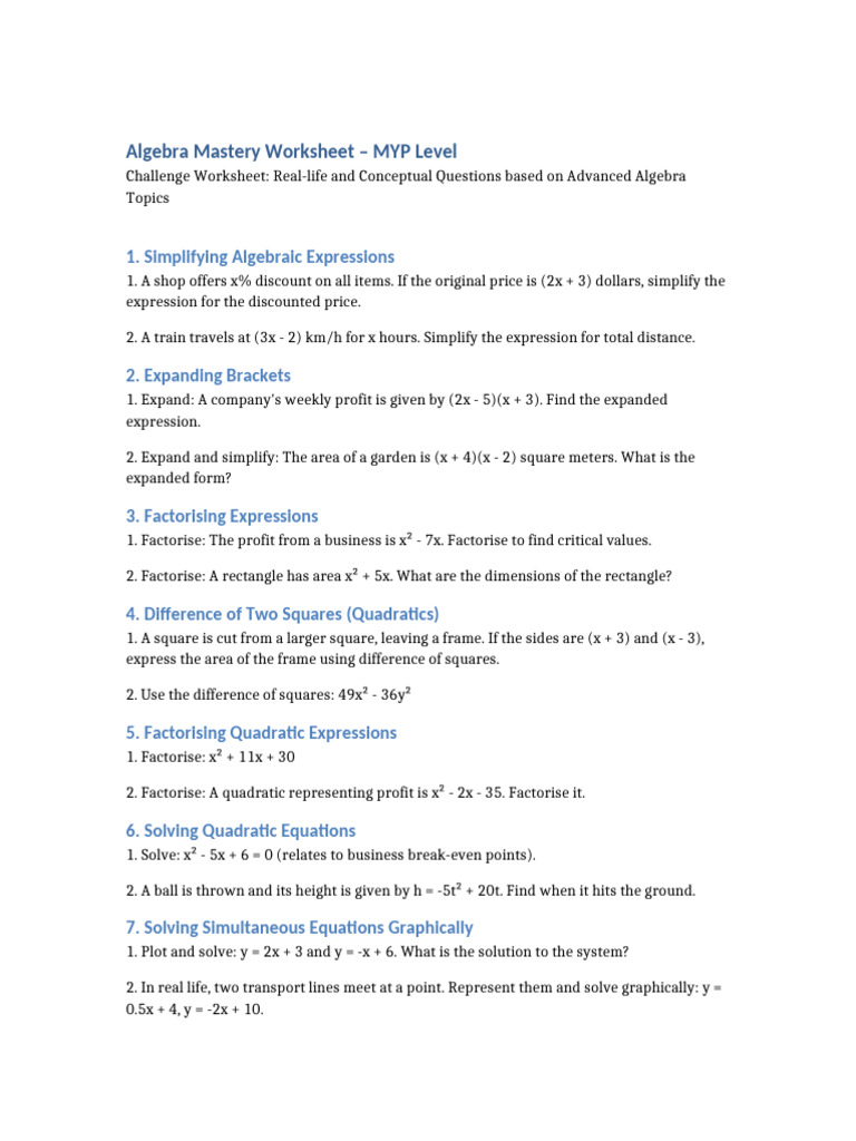Algebra Challenge Worksheet IB | PDF | Factorization | Quadratic Equation