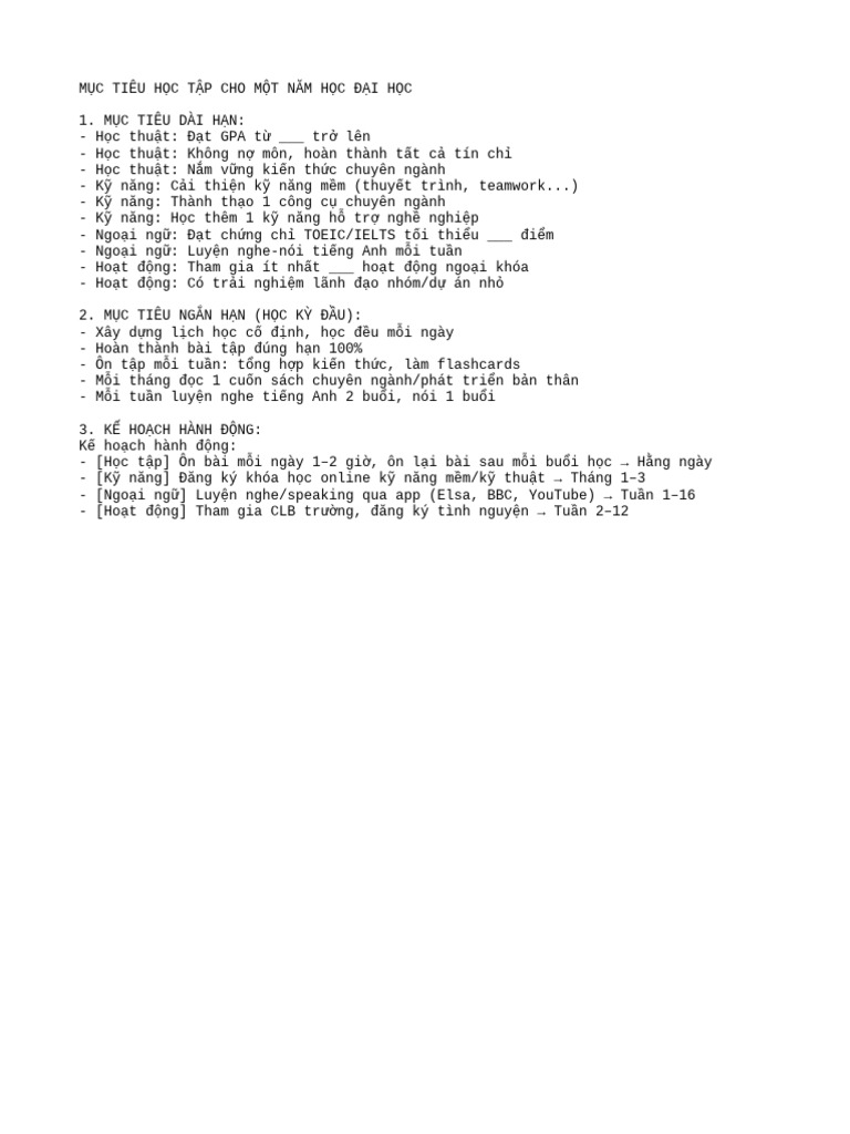 Muc Tieu Hoc Tap Nam Hoc | PDF