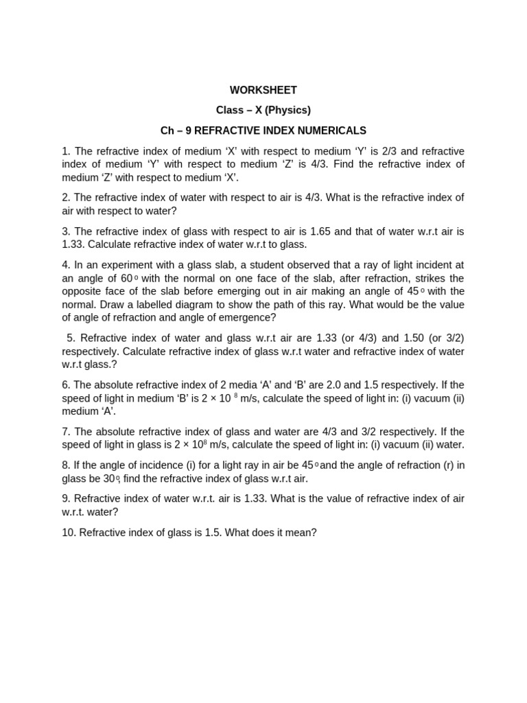 Worksheet Refractive Index Numericals CH - 10 Light Class - X | PDF ...
