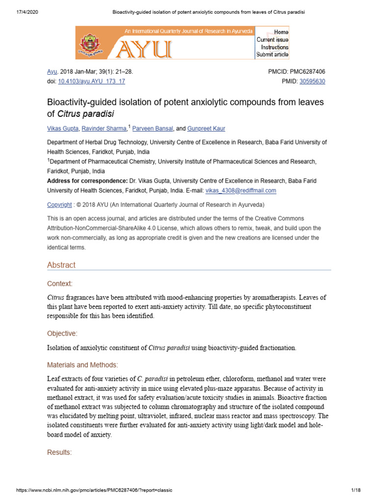 Bioactivity-Leaves of Citrus Paradisi | PDF | Spectroscopy | Anxiety