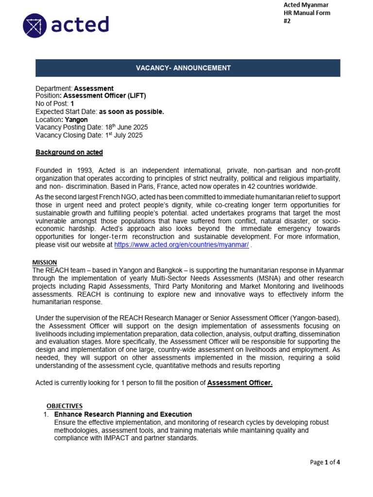 Assessment Officer Vacancy in Yangon | PDF | Methodology | Data