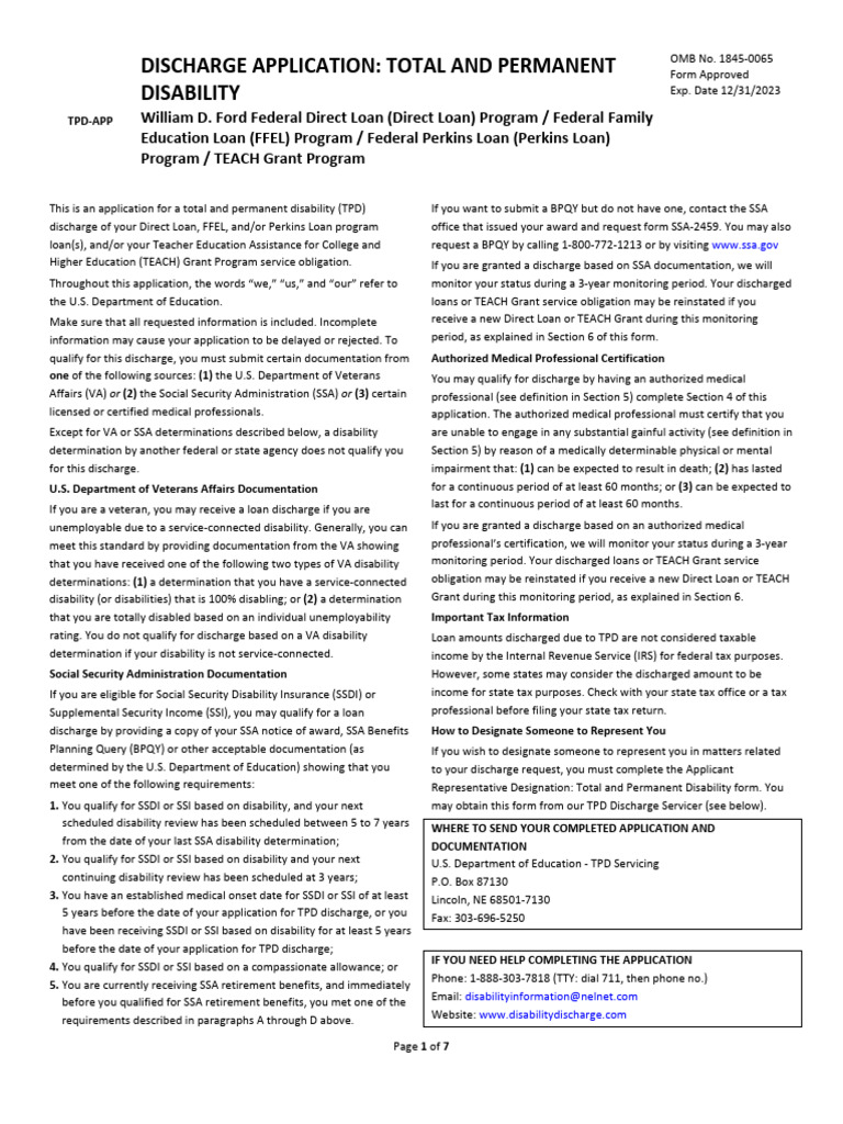 TotalandPermanentDisabilityDischargeApplication en Us | PDF | Social ...