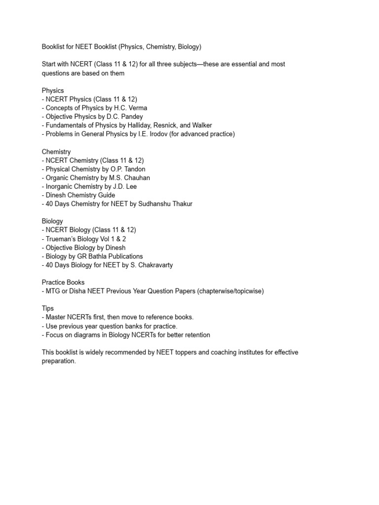 Neet Booklist | PDF
