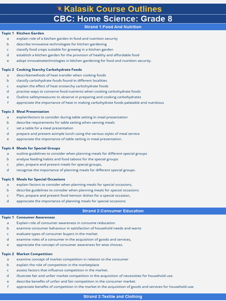 KalasikAssests - Ebook Pdfs - CBC - Course Outlines - G8 - HOME SCIENCE GRADE 8 - Sheet1 | PDF ...