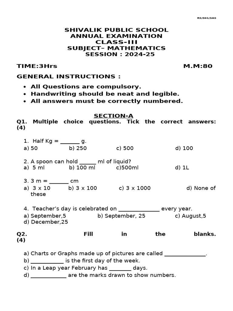Class III Mathematics Exam Guide | PDF