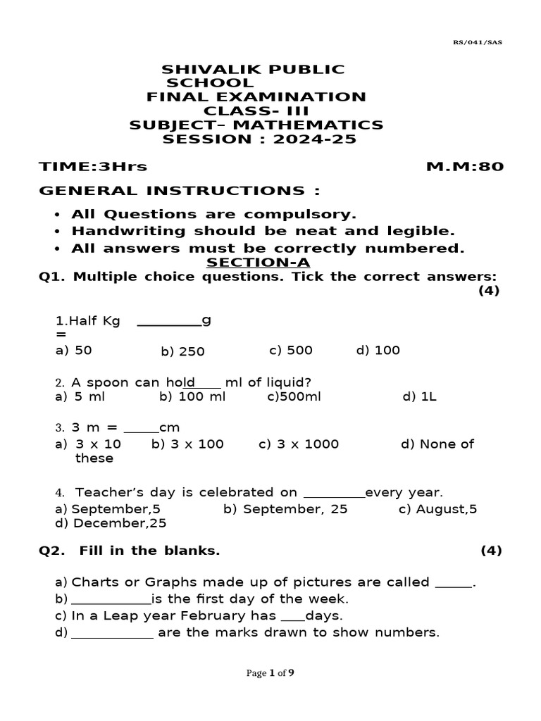 Class 3 Math Exam Paper 2024-25 | PDF