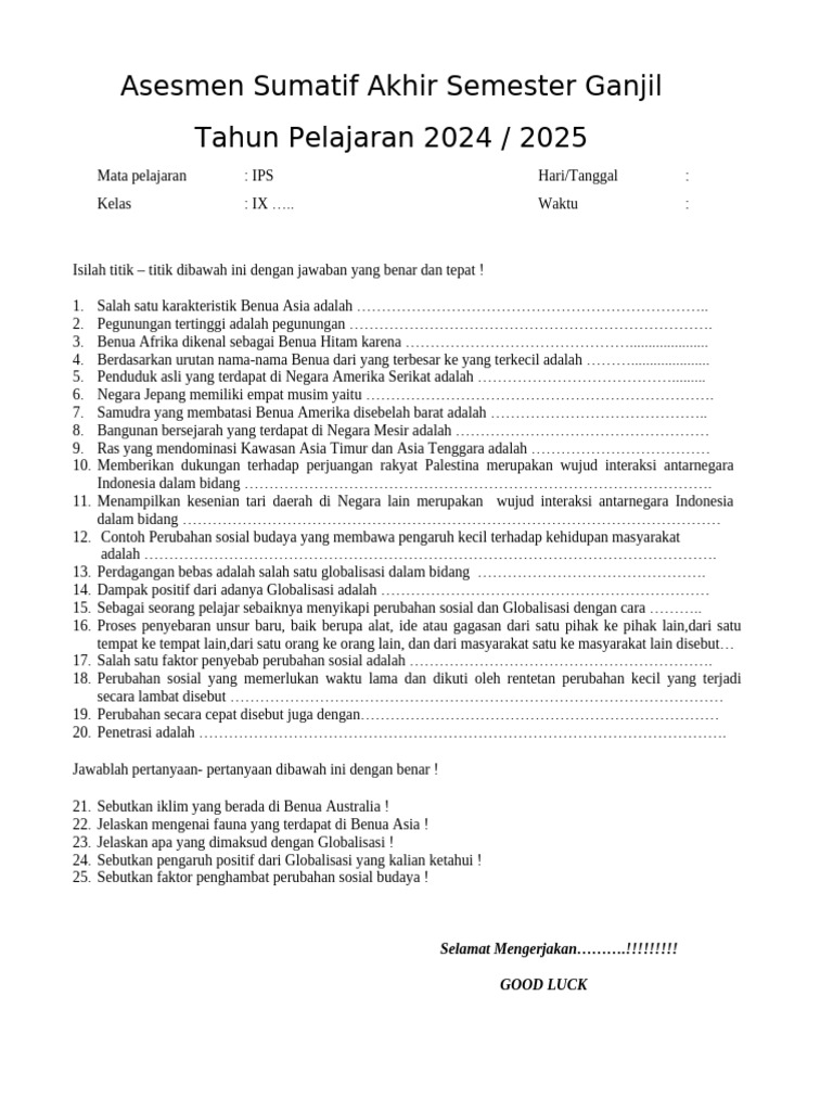 Asesmen Sumatif Semester Ganjil IPS Kelas IX | PDF