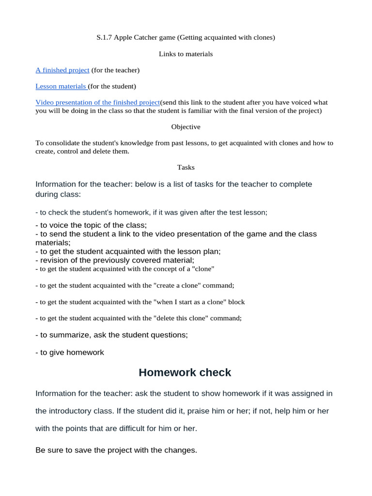 Apple Catcher Game: Cloning Basics | PDF | Lesson Plan | Homework