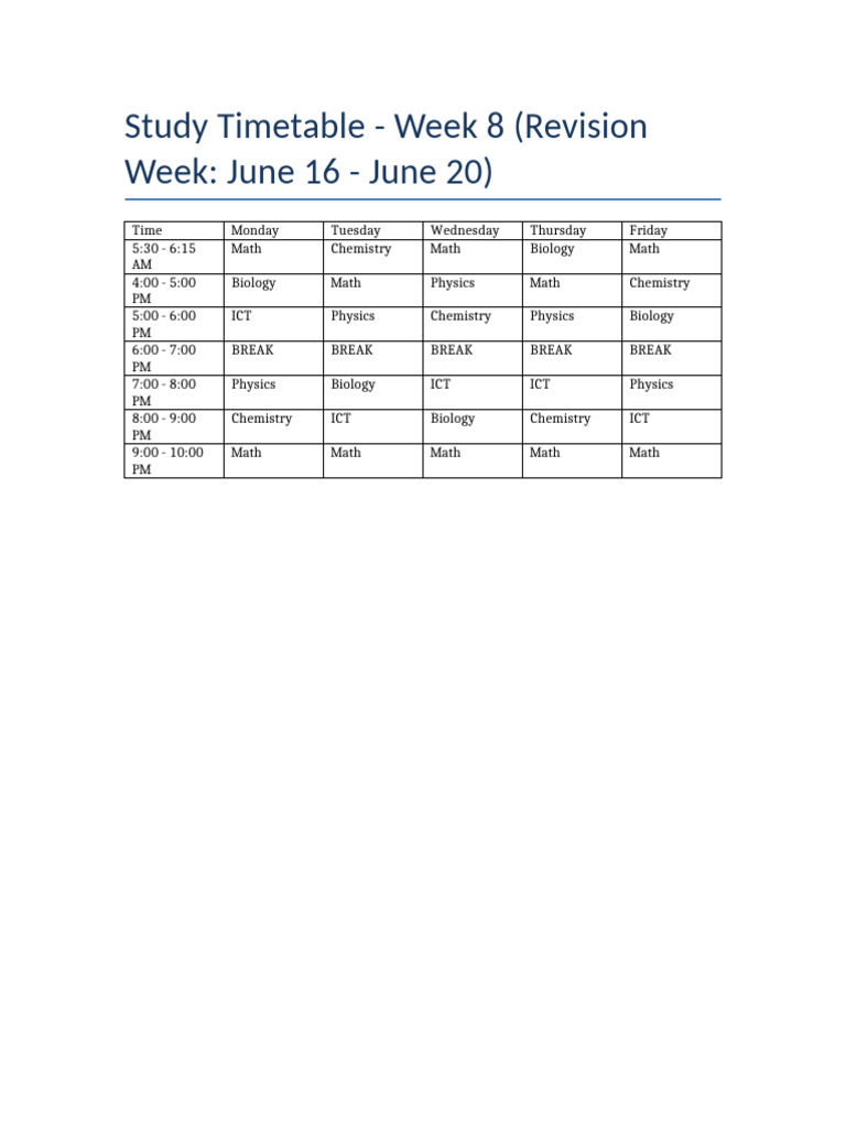 Study Timetable Week8 Revision | PDF