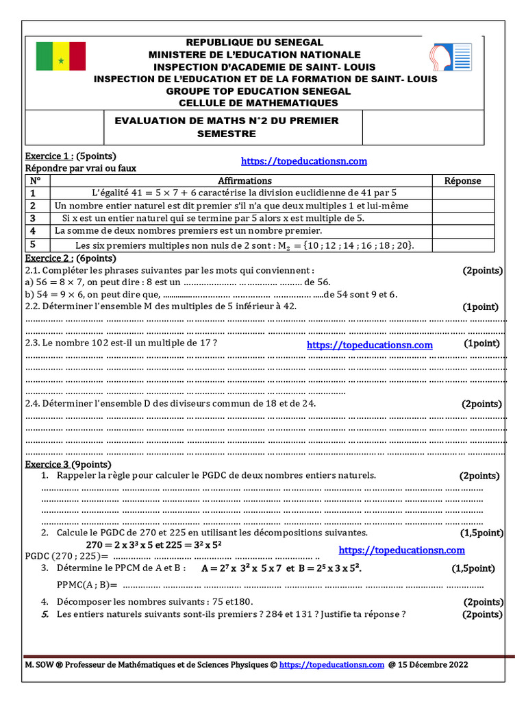 Evaluation N°2 Maths 5eme 1 | PDF