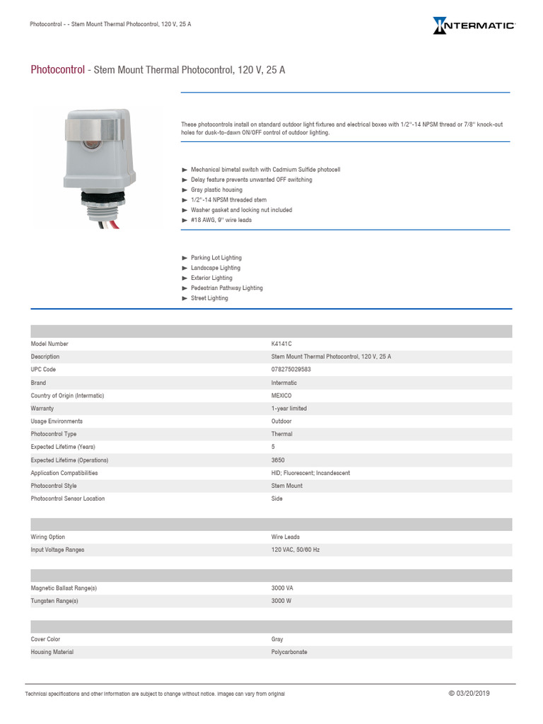 K4141C Stem Mount Thermal Photocontrol 120 V 25 A | PDF | Lighting ...