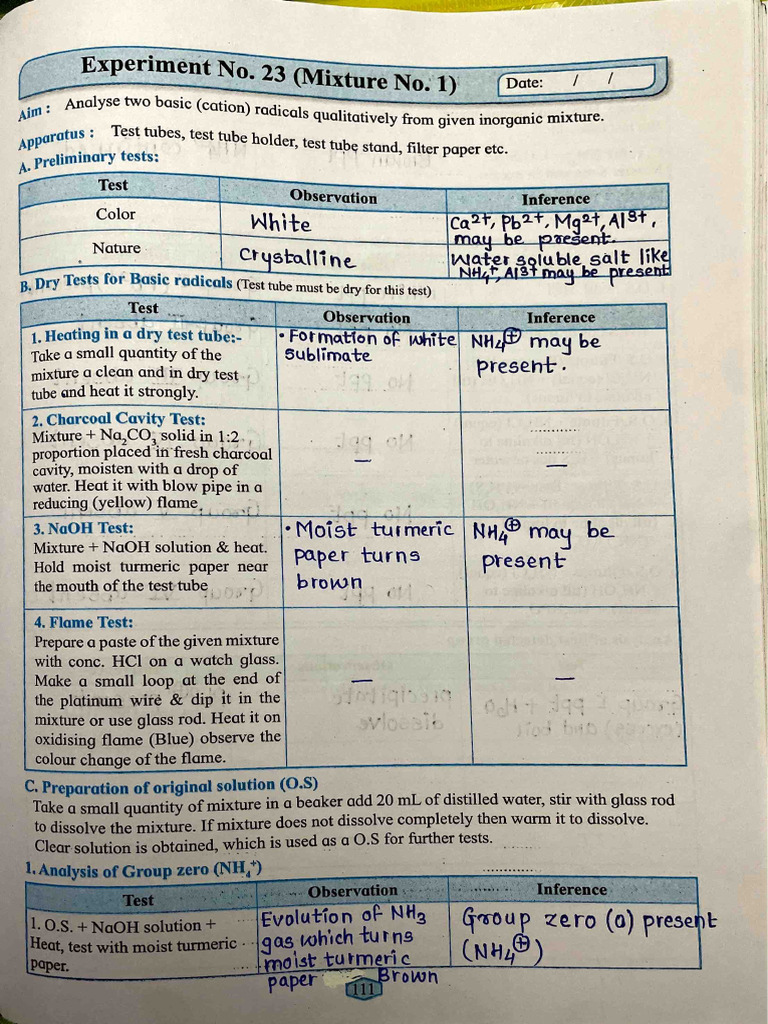 Qualitative Analysis of 2 Basic Radicals Expt. No. 23, 24 & 25 | PDF | Chemistry | Chemical ...