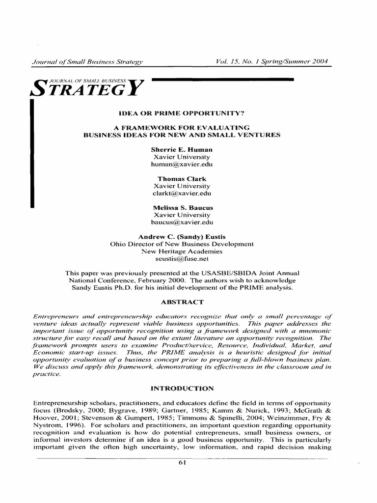 Idea or Prime Opportunity A Framework For Evaluating Business Ideas For ...