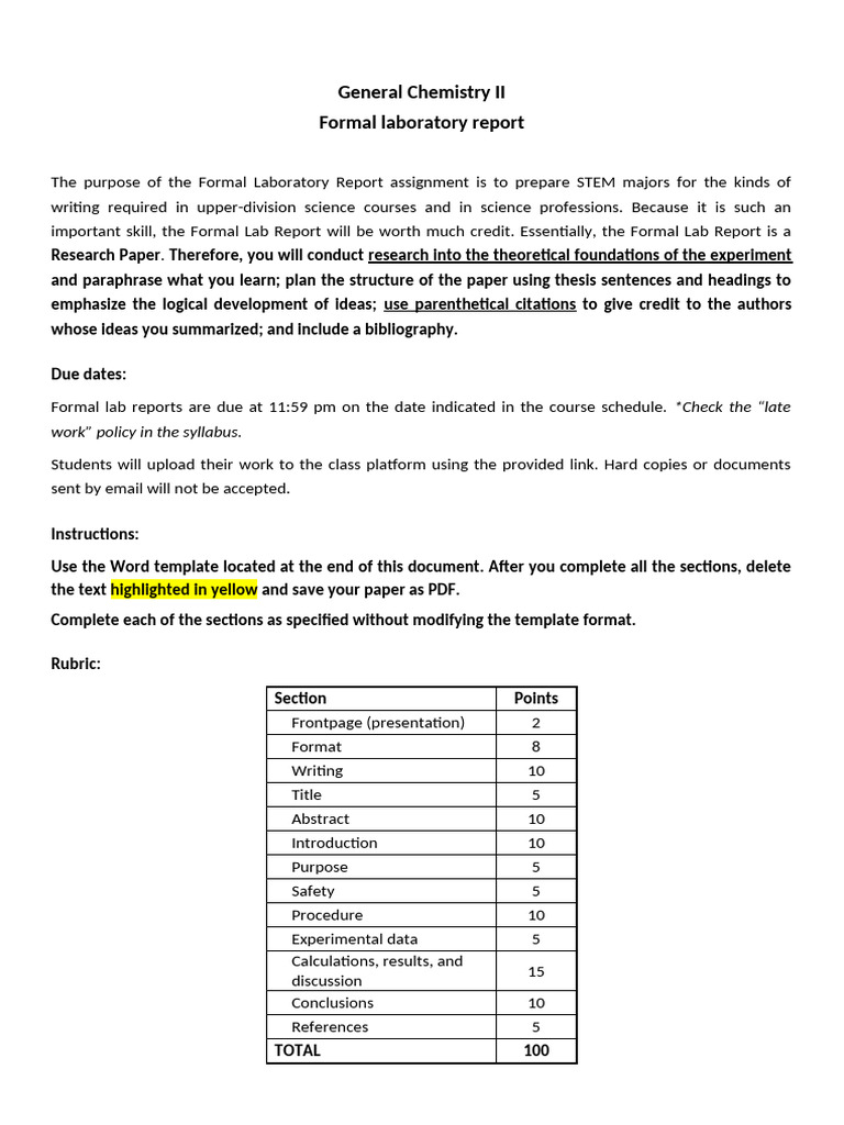 F2F Formal Lab Report Instructions - CHEM 1412 Fall 2024 | PDF | Abstract (Summary) | Chemical ...