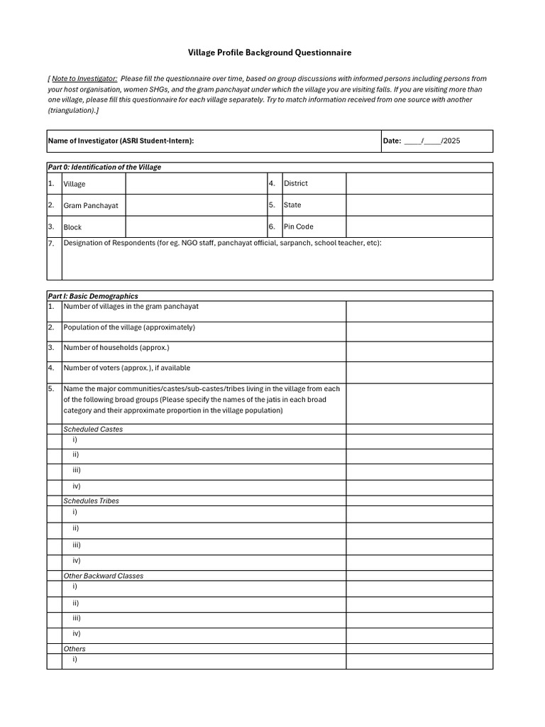 Common Survey Questionnaire | PDF | Government Of India