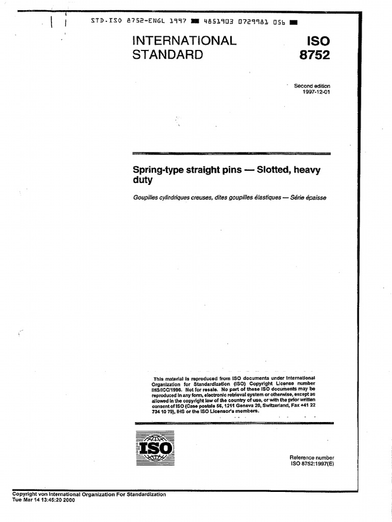 18#ISO 8752 (1987) - Spring-Type Straight Pins - Slotted, Heavy Duty | PDF