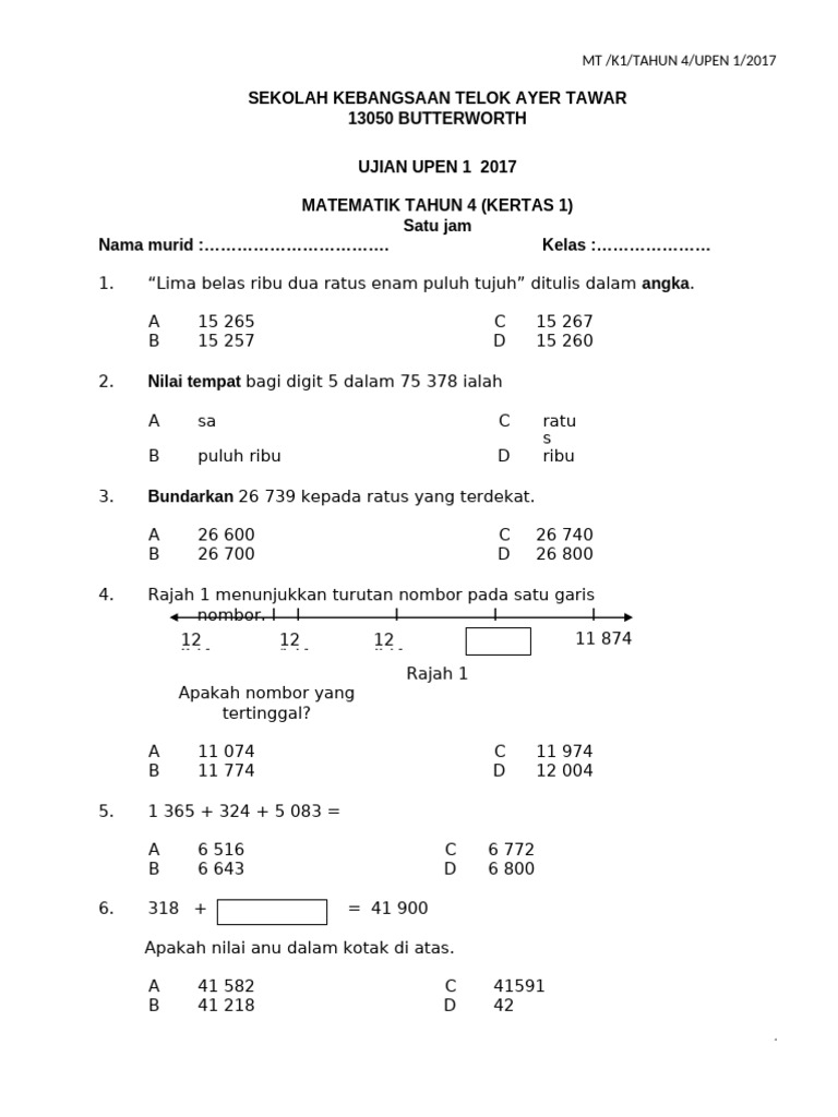 Ujian Akhir Tahun KSSR Tahun 4 Matematik Kertas1 Set1 | PDF