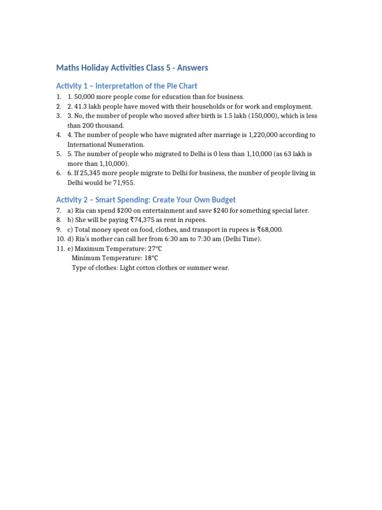 Maths Holiday Activities Answers | PDF