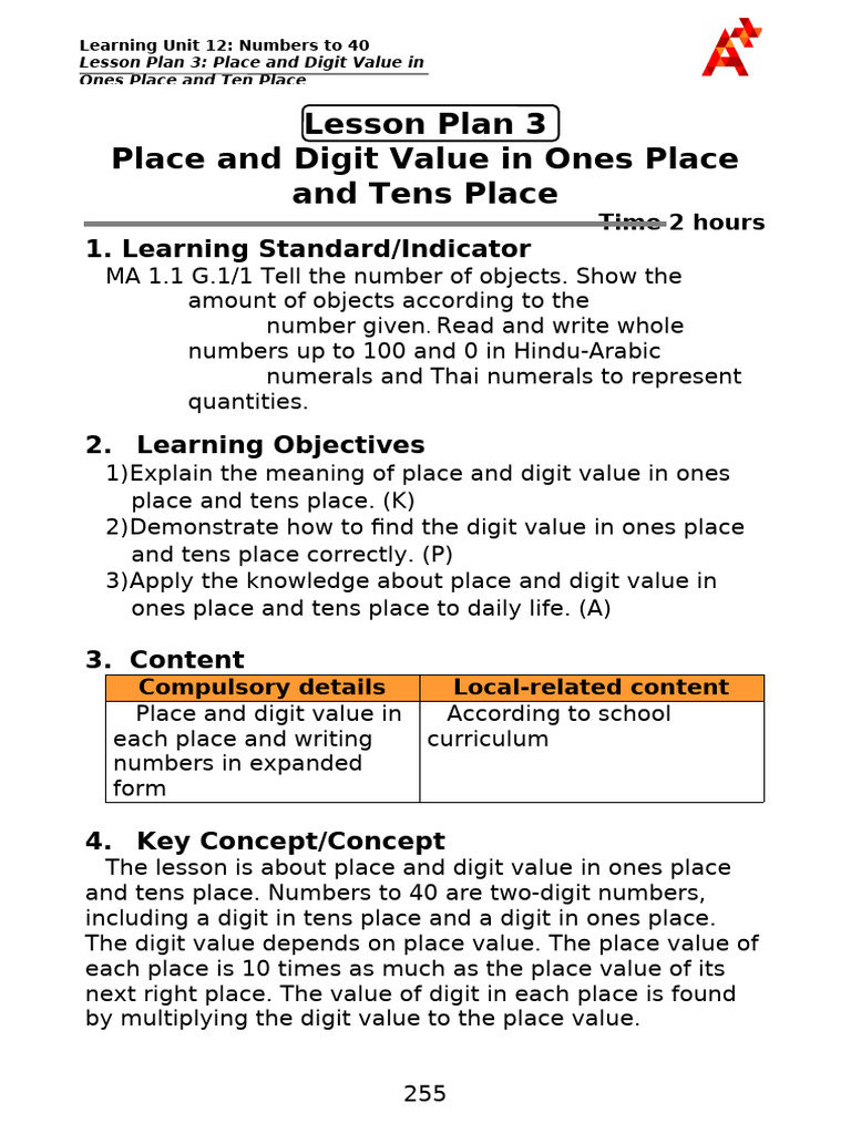 Lesson Plan 12-3 Place and Digit Value in Ones Place and Tens Place ...