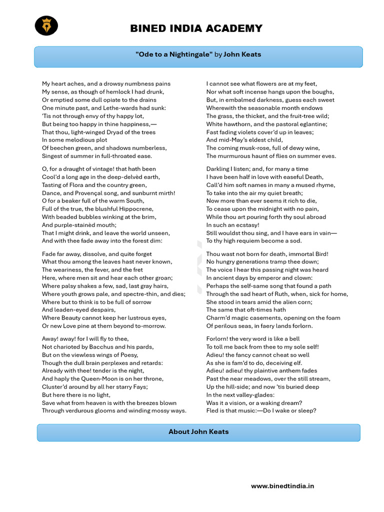 Ode To A Nightingale Sample Copy | PDF | John Keats | Poetry