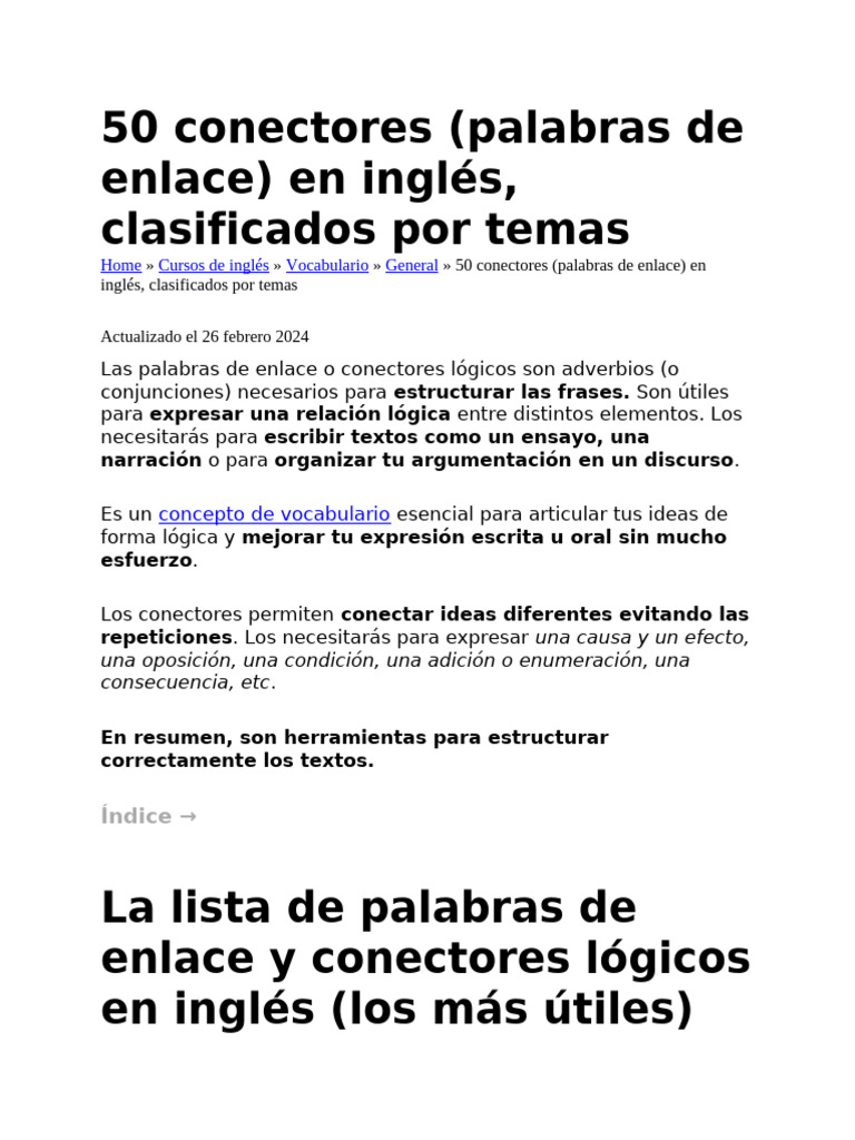 50 Conectores en Inglés por Temas | PDF