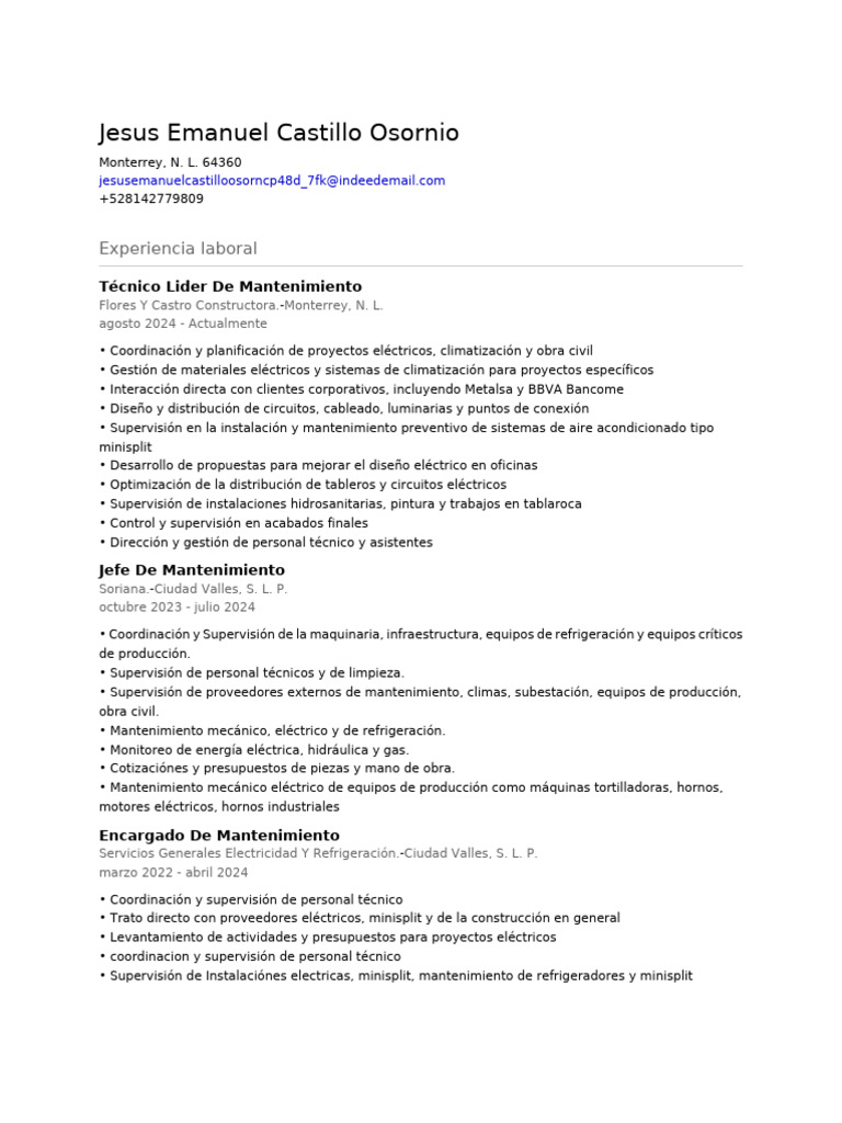 CV Jesus Emanuel Castillo Os or Nio | PDF | Ingenieria Eléctrica