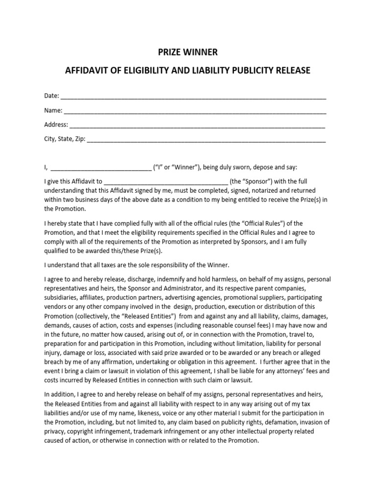 Prize Winner Affidavit Template | PDF | Legal Liability | Insurance