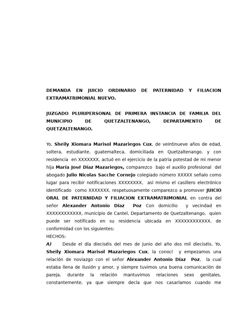 Demanda Paternid y Filiaci. Sheily X.M. Mazariegos Cux | PDF ...