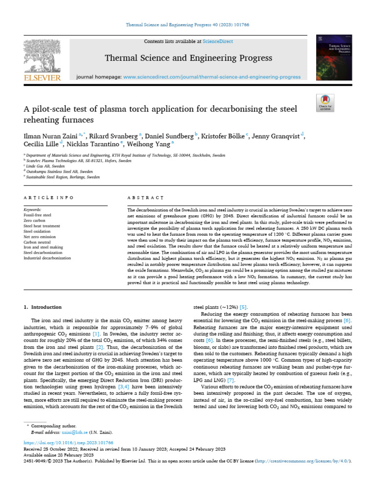 A Pilot-Scale Test of Plasma Torch Application For Decarbonising The ...