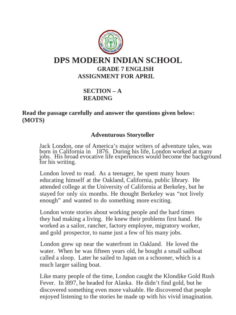 Grade 7 Assignment April | PDF | Jack London