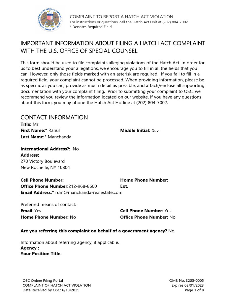 Complaint To Report A Hatch Act Violation | PDF | Complaint | Discovery (Law)
