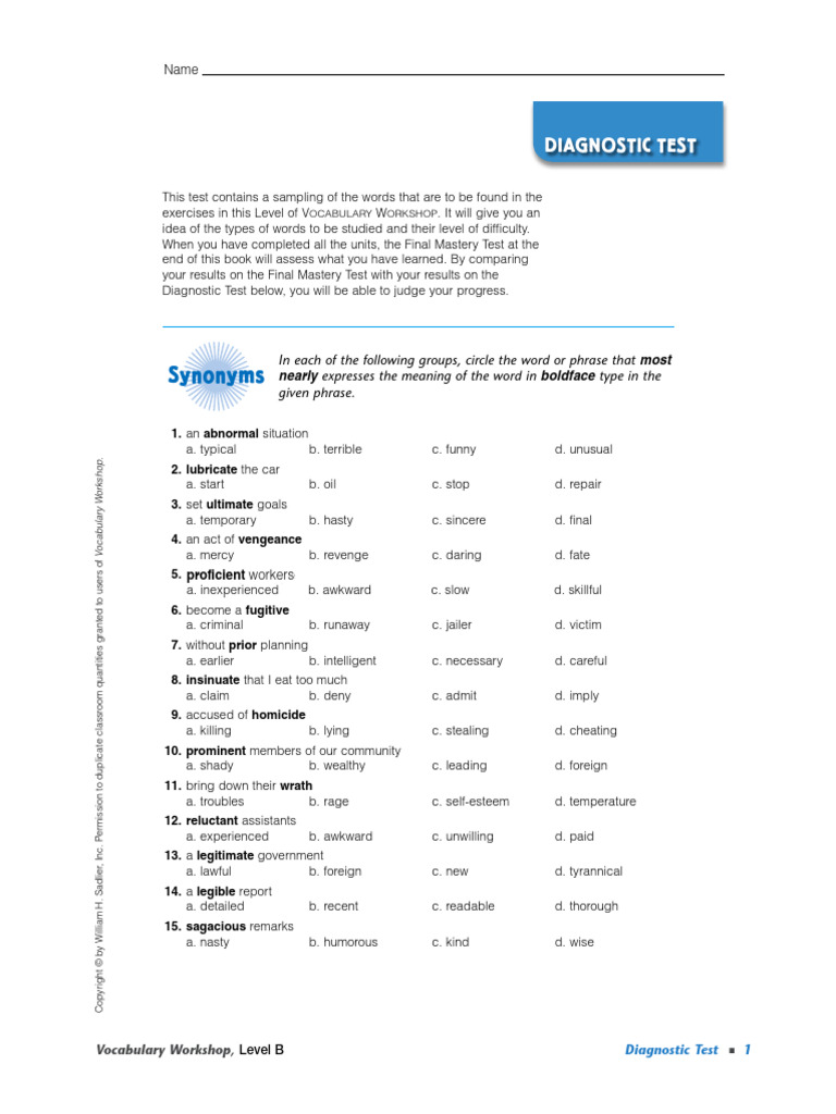Vocabulary B Diagnostic Test | PDF | Vocabulary | Lexical Semantics