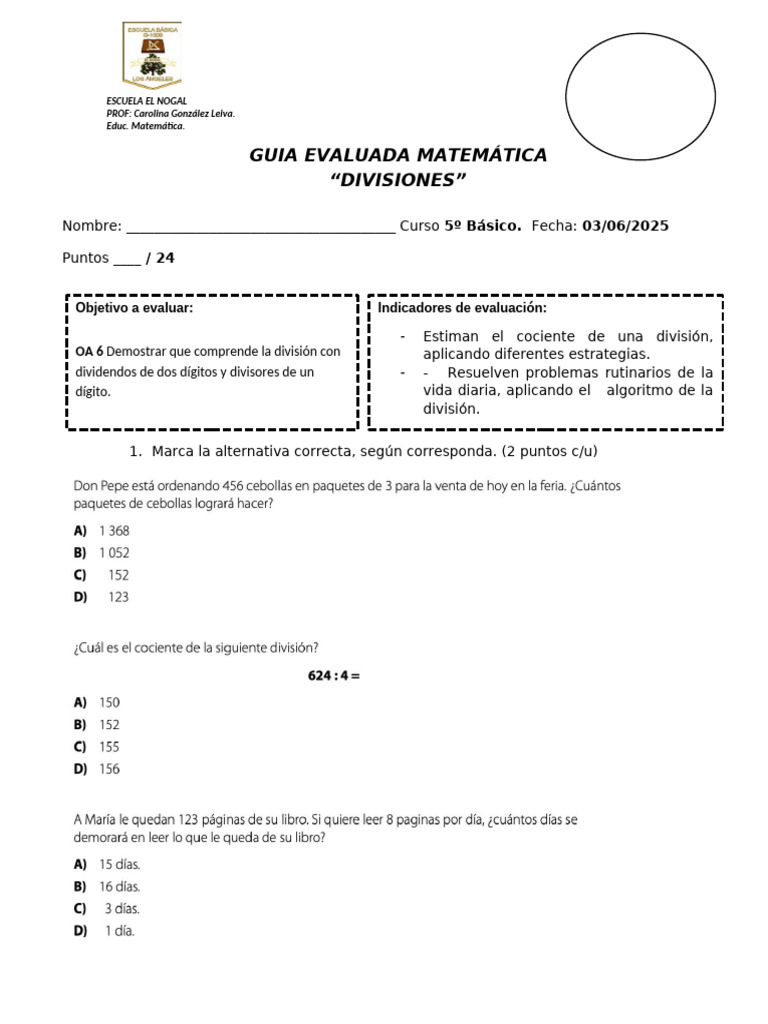 Guia Evaluada 5° Divisiones | PDF
