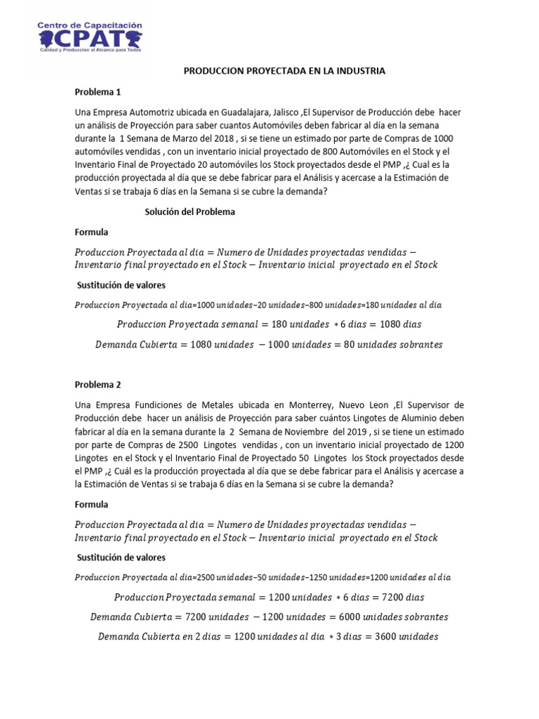 Ejemplo Ejercicio Resueltos de Produccion Proyectada Cpat | PDF | Economias