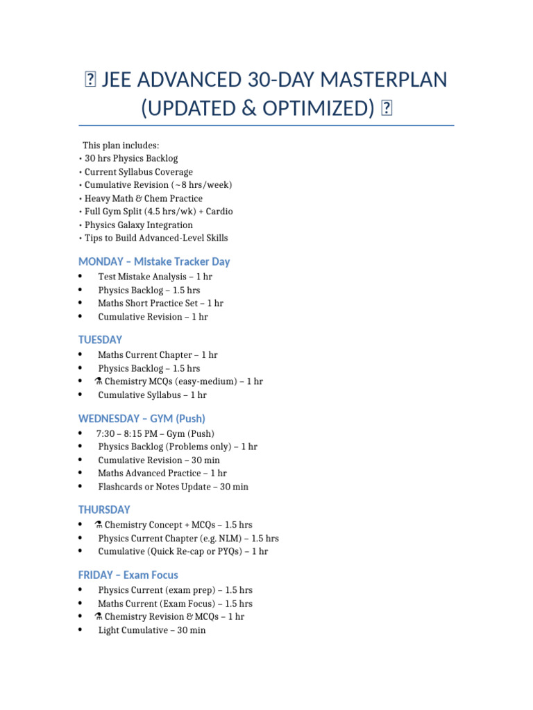 JEE Advanced 30 Day Masterplan Corrected | PDF