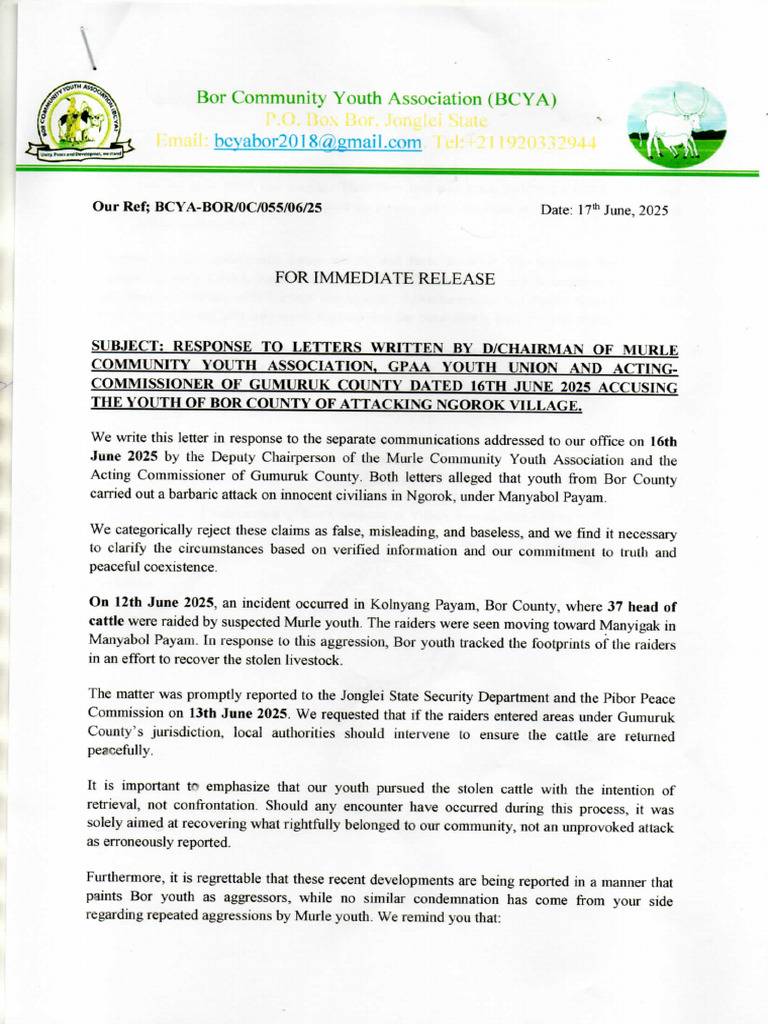 Responding Letter To Murle Community Youth, GPAA Youth Union and The ...