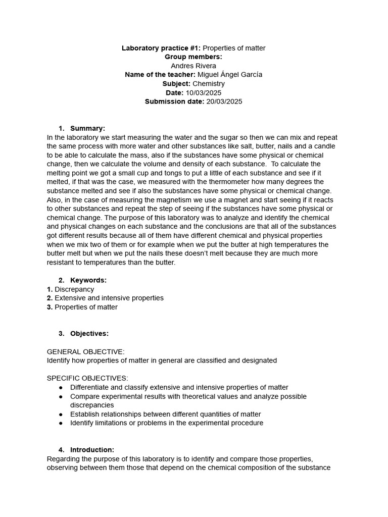 Chemestry Lab Report Identify How Properties of Matter in General Are ...