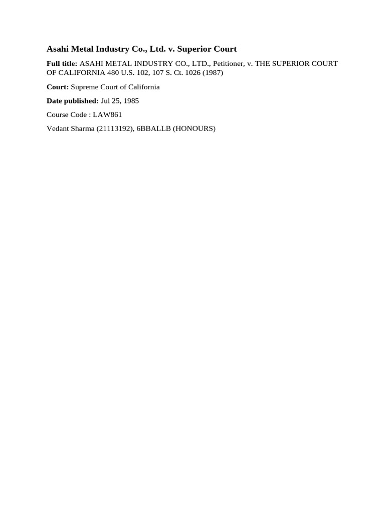Asahi Metal Industry Jurisdiction Case | PDF | Minimum Contacts ...