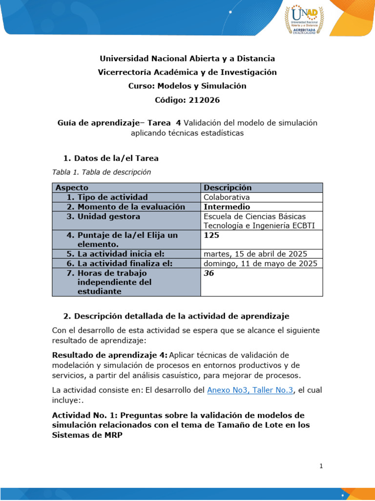 Guia de Aprendizaje Tarea 4 Validación Del Modelo de Simulación ...