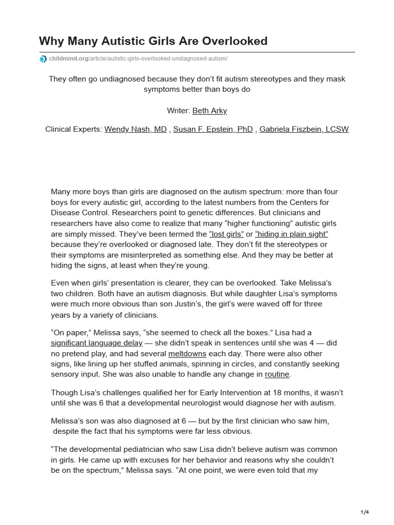 Overlooked Autistic Girls: Diagnosis Issues | PDF | Autism | Attention ...