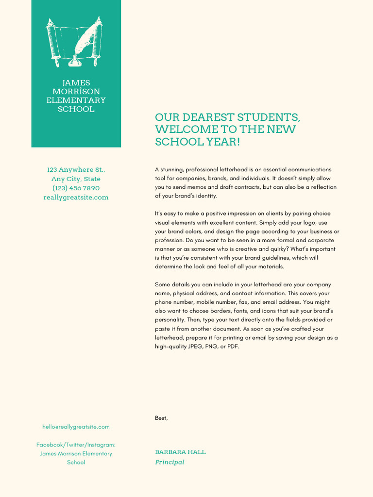 Cream and Teal Welcome Letter To Students | PDF
