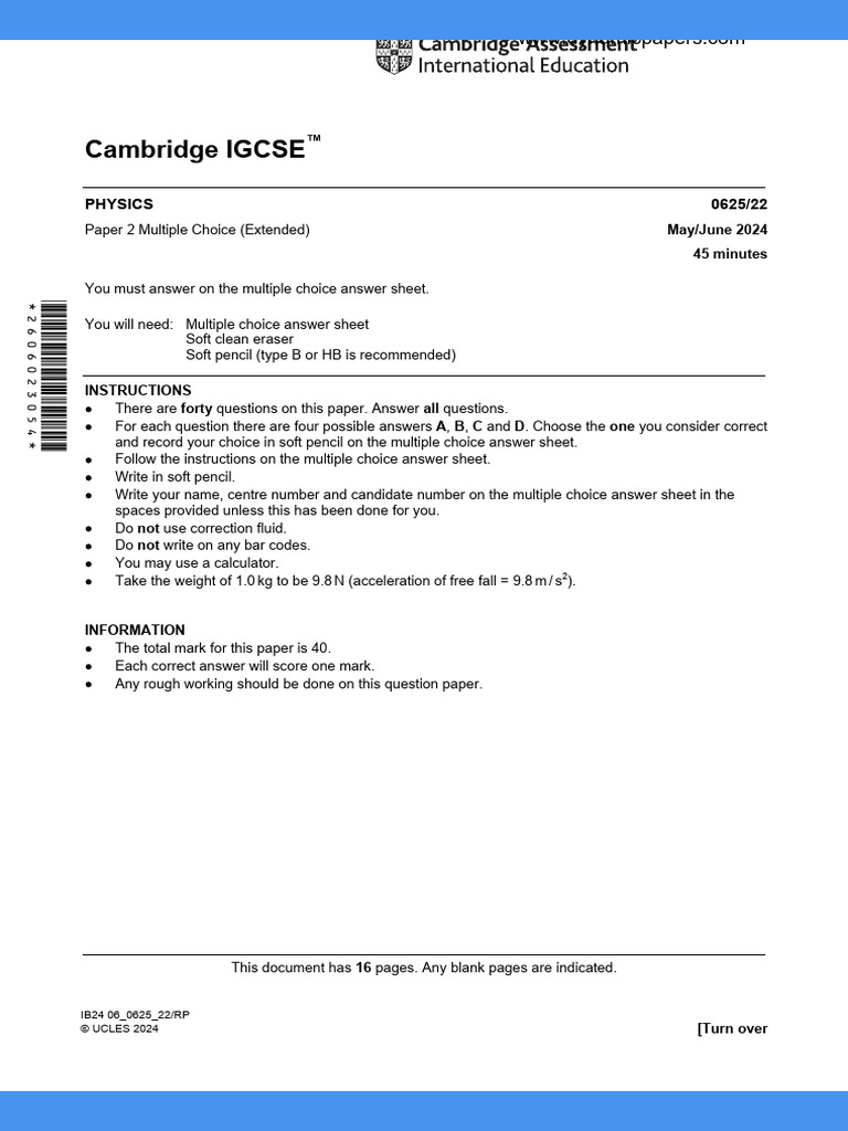 IGCSE Physics Paper 2 May/June 2024 | PDF | Atomic Nucleus | Light